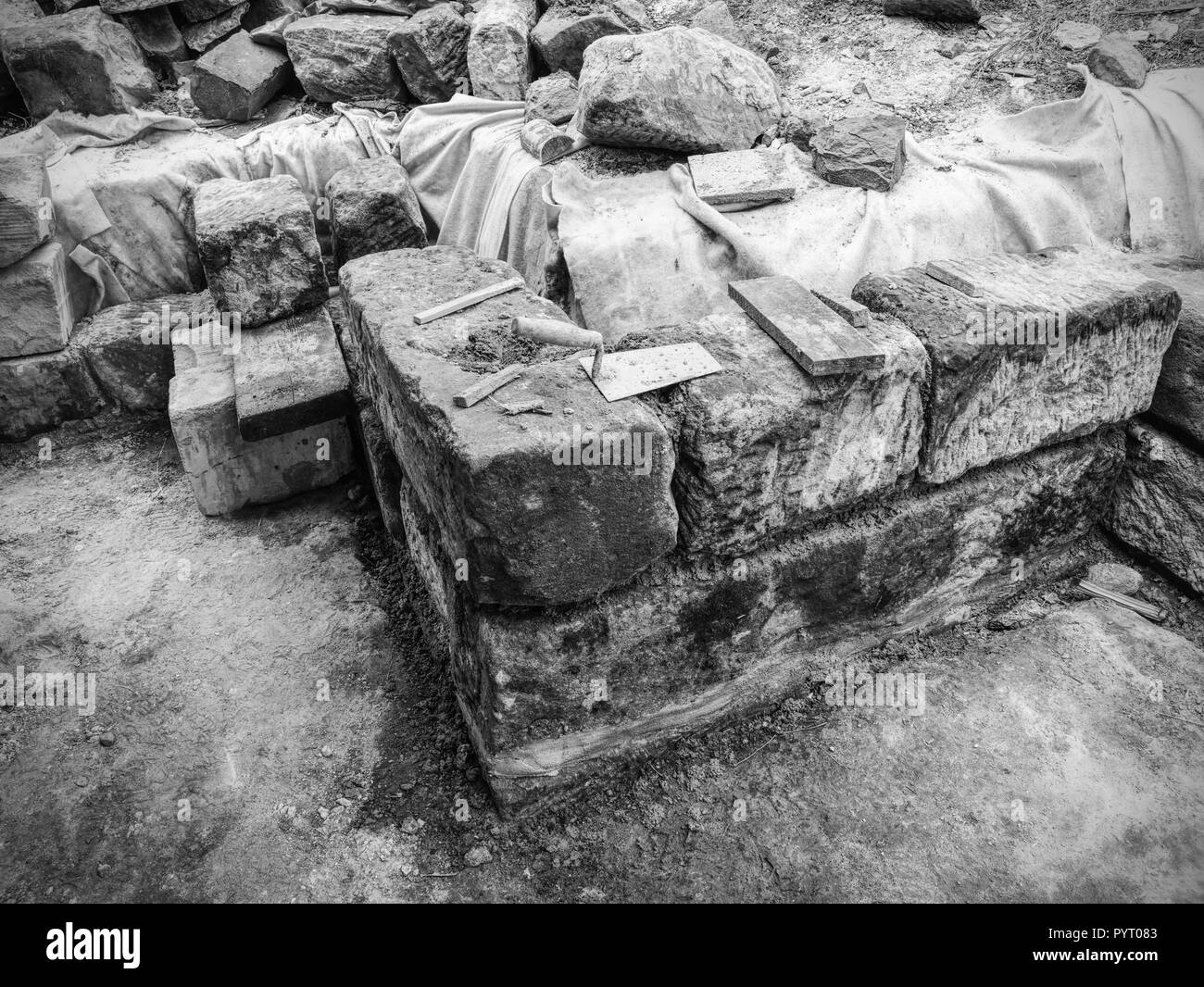 Sandstone block wall on ancient building, traditional medieval ...