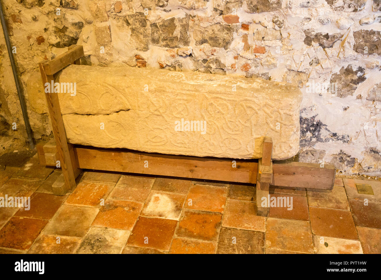 Decorated Saxon stone cross shaft monument inside church of Saint ...