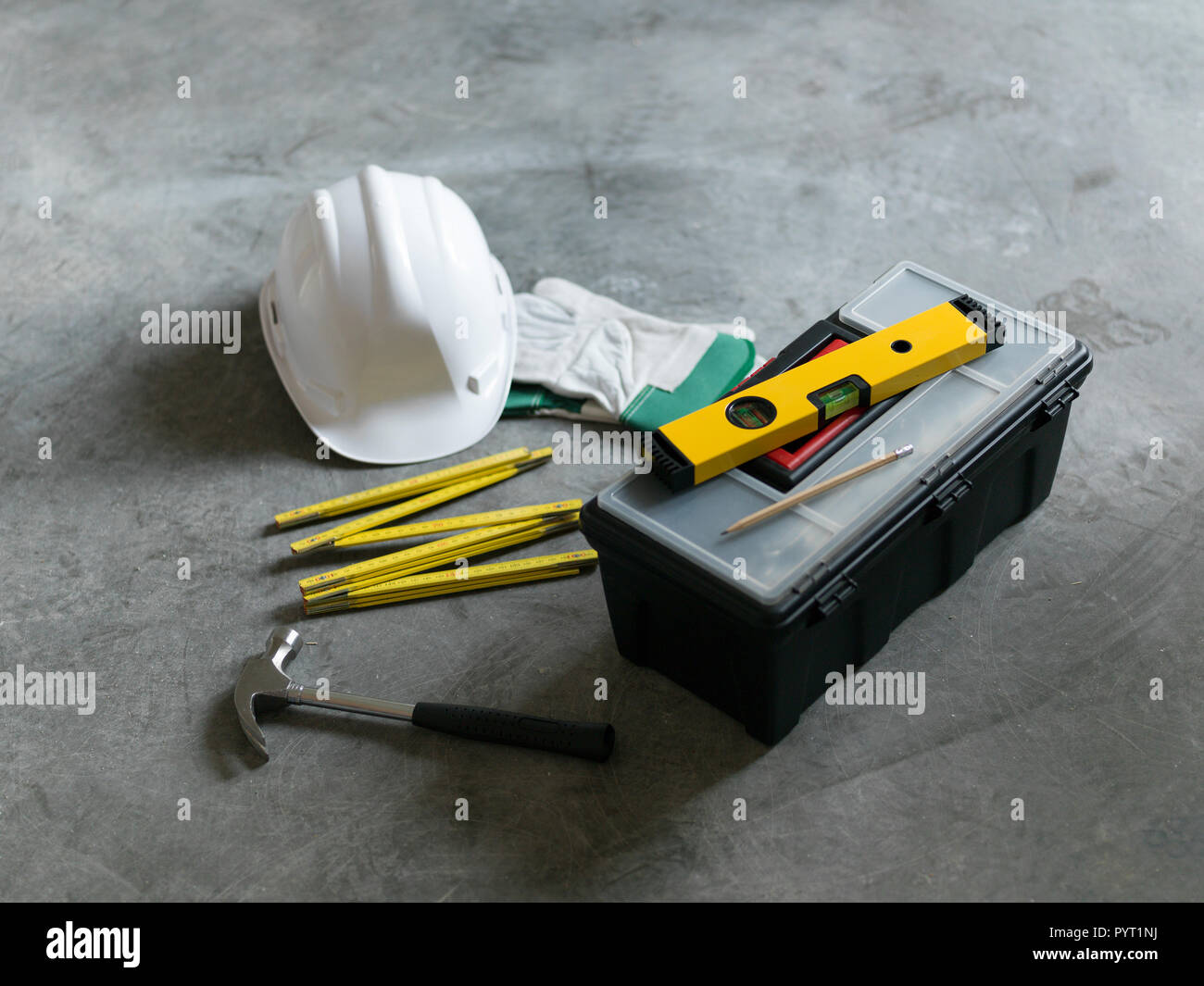 Hardware tools on the floor: home renovation, construction and do it yourself concept Stock ...
