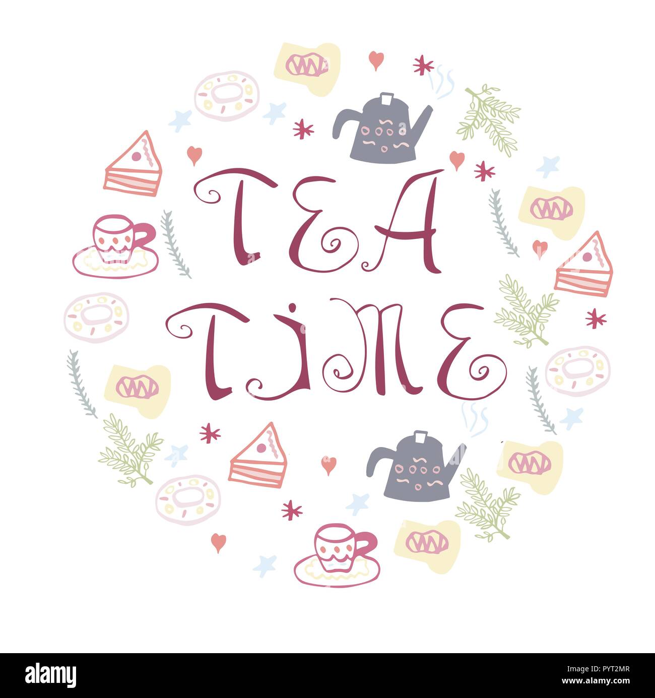 Tea time symbols in circle form. Vector illustration. Handdrawn ...