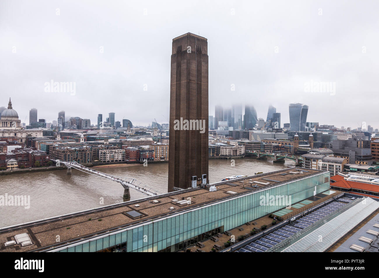An elevated view of the London skyline featuring the Millenium Bridge ...