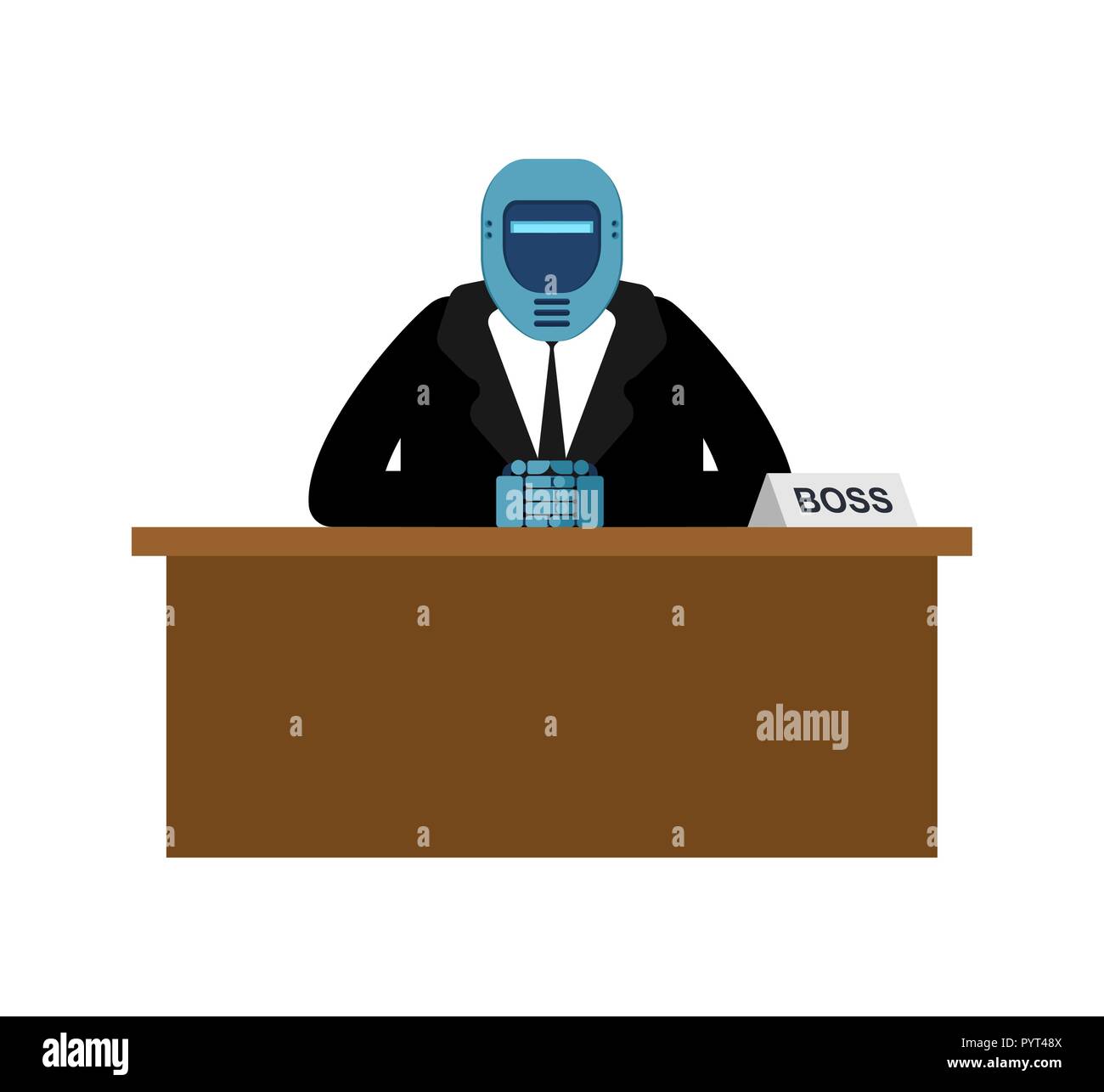 Robot boss. Businessman cyborg. Business man on desk. Vector ...