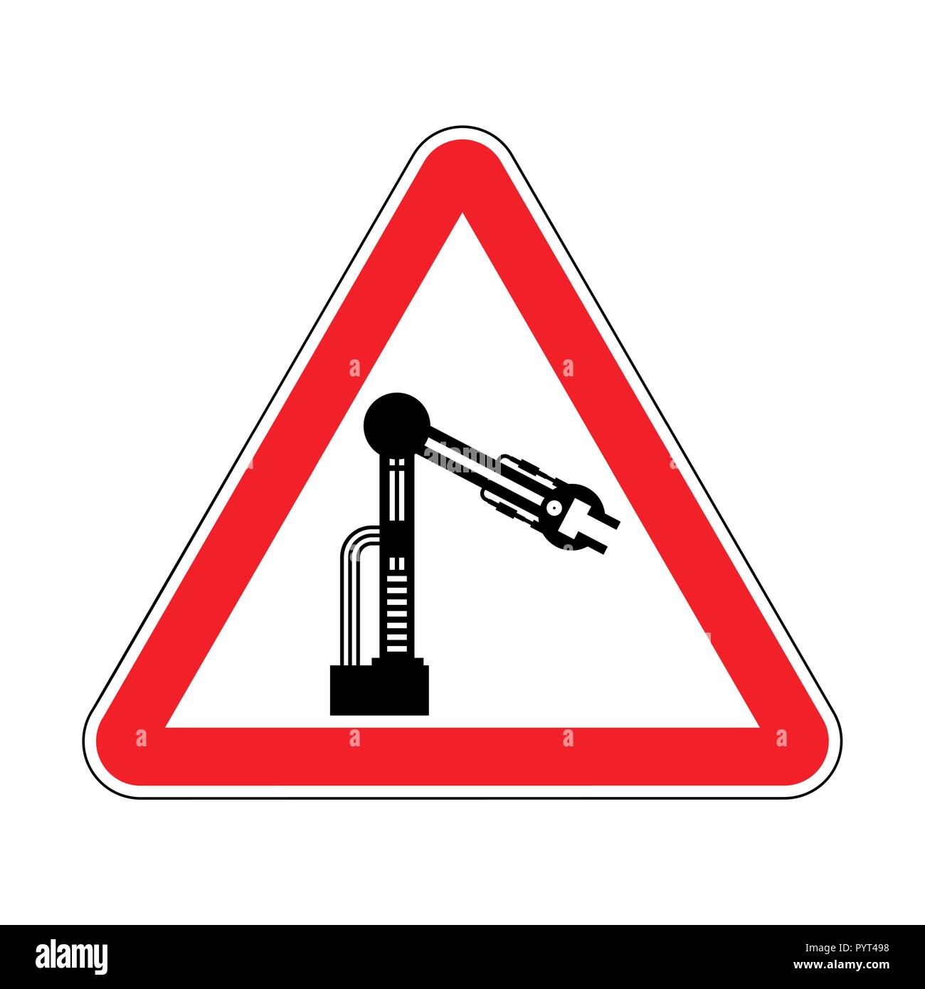 Attention Industrial robot. Caution Mechanical hand. Red road sign ...