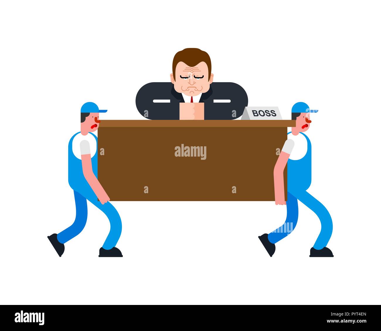 Movers and boss on table. Porters carry Businessman at desk. Delivery ...