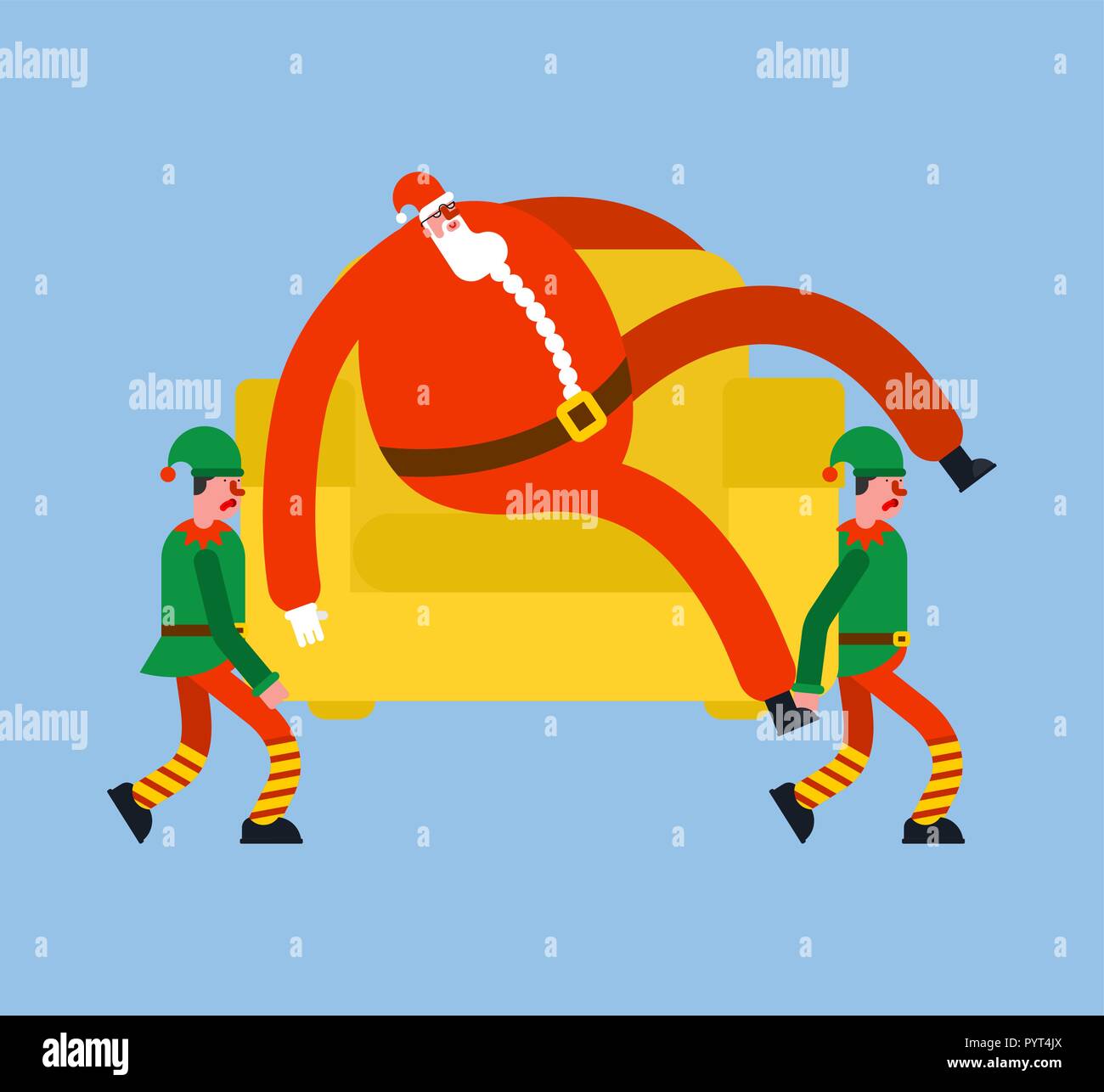 Santa on Armchair resting and carry elves. Xmas grandfather relax on ...