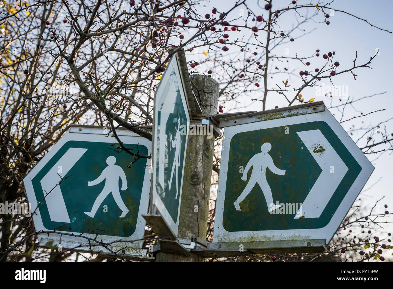 Footpath signs pointing in different directions Stock Photo - Alamy