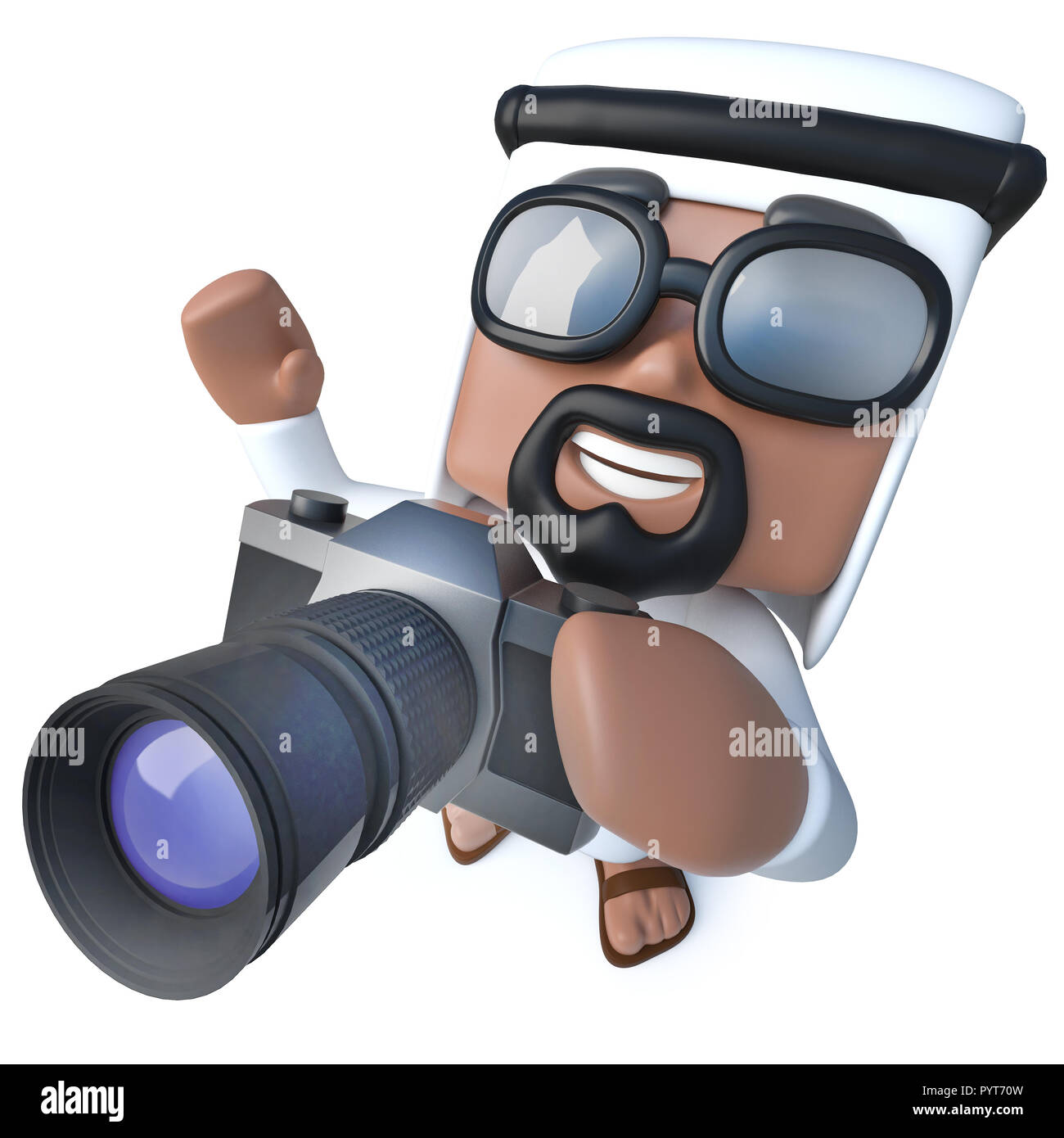 3d render of a funny cartoon arab sheik character holding a camera ...