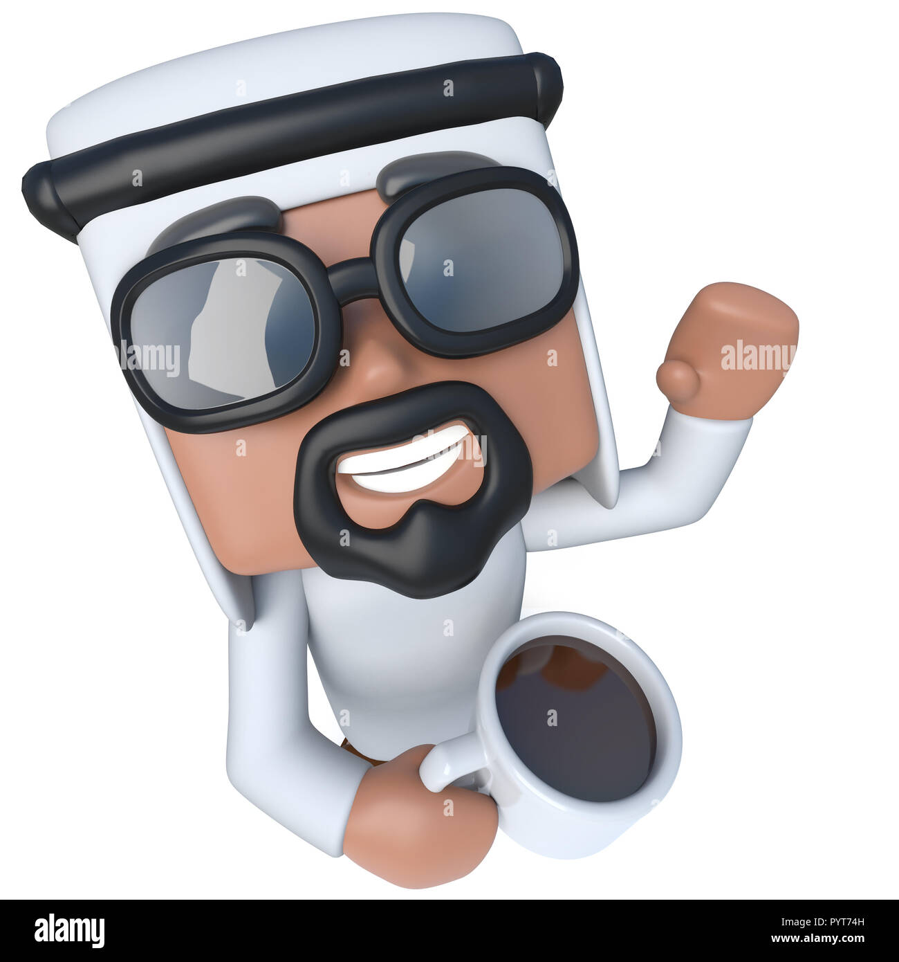 3d render of a funny cartoon arab sheik character drinking a cup of ...