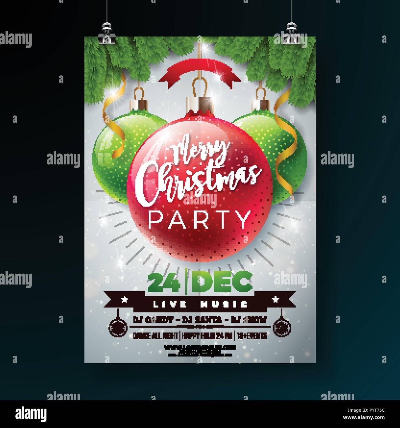 Christmas Party Flyer Illustration with Shiny Glass Ball and Pine ...