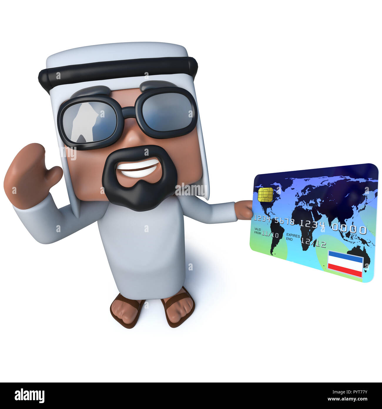 3d render of a funny cartoon arab sheik character holding a debit card ...