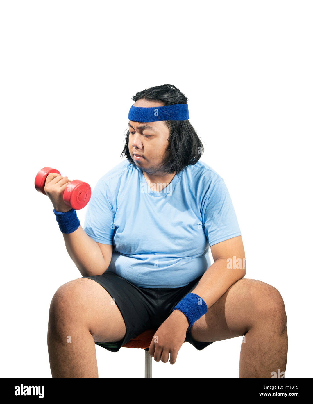 Young asian fat man lose weight using dumbbell isolated over white ...
