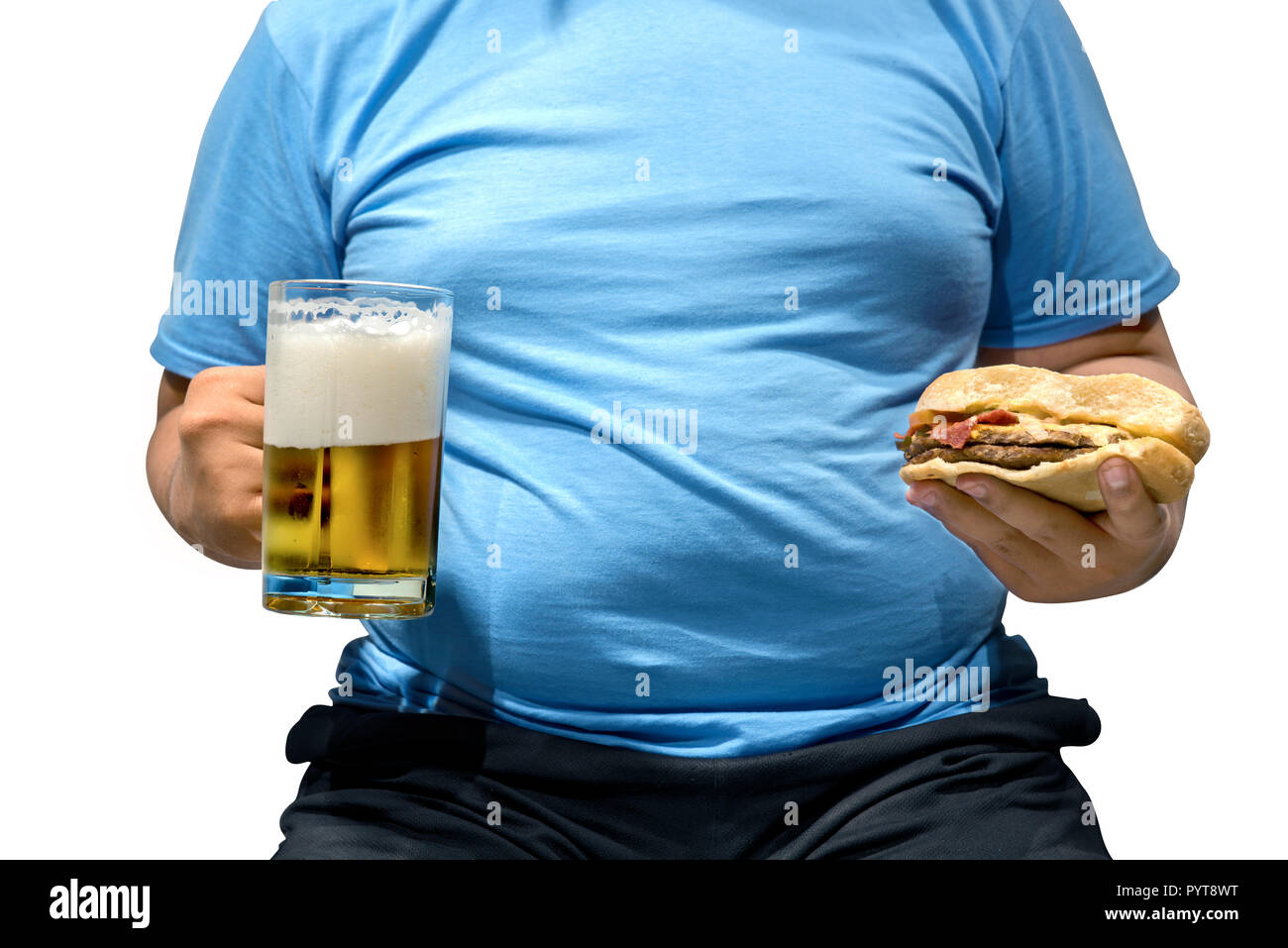 Fat man holding mug with beer and hamburger on his hand isolated over ...