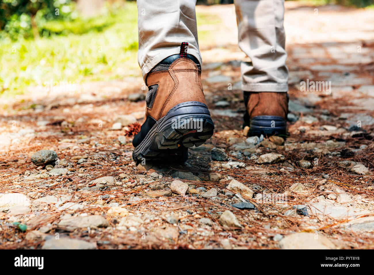 Rear view of hikers man with boots walking on the forest path Stock ...