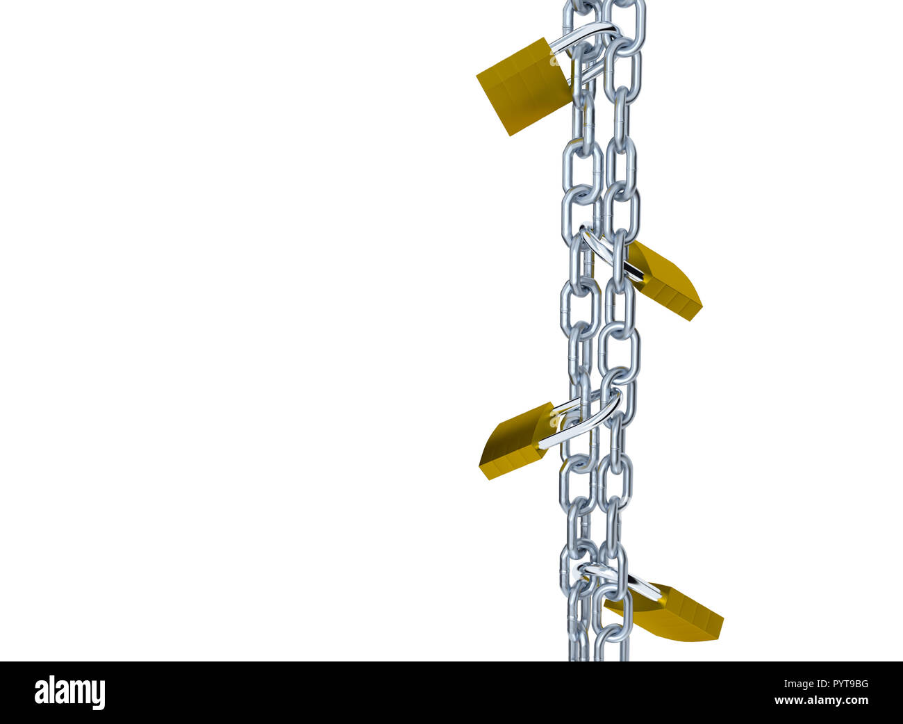 Two Vertical Metal Chains locked with Four Padlocks on a white ...