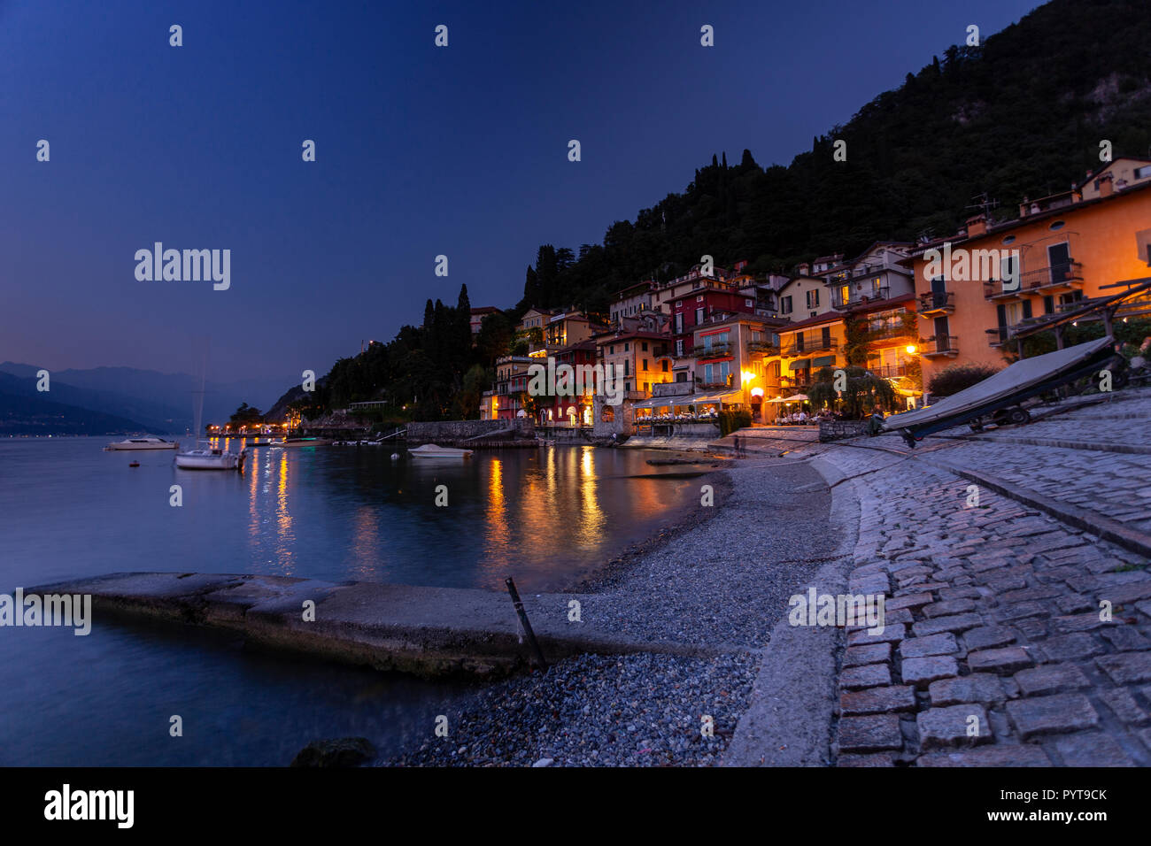 Varenna waterfront at dusk on Lake Como in northern Italy Stock Photo ...