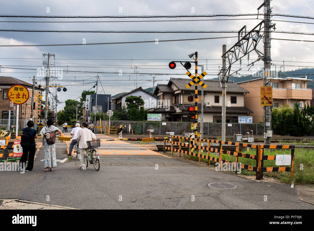 People are waiting at the rail crossing barrier Stock Photo - Alamy