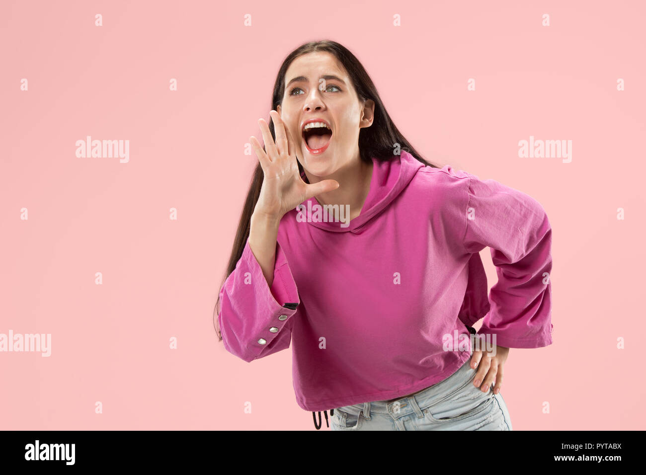 Do not miss. Young casual woman shouting. Shout. Crying emotional woman ...