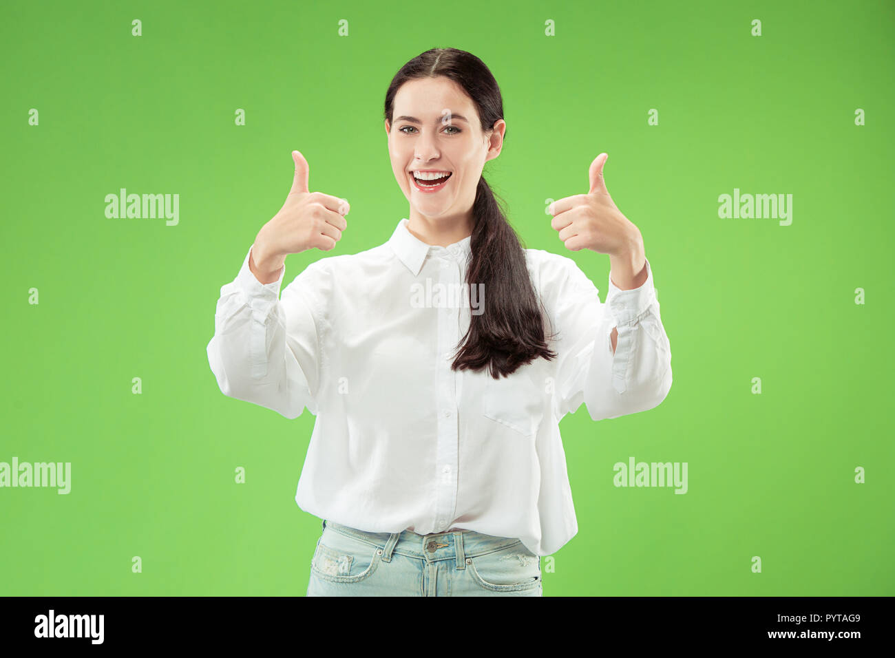 I am ok. Happy business woman, sign ok, smiling, isolated on trendy ...