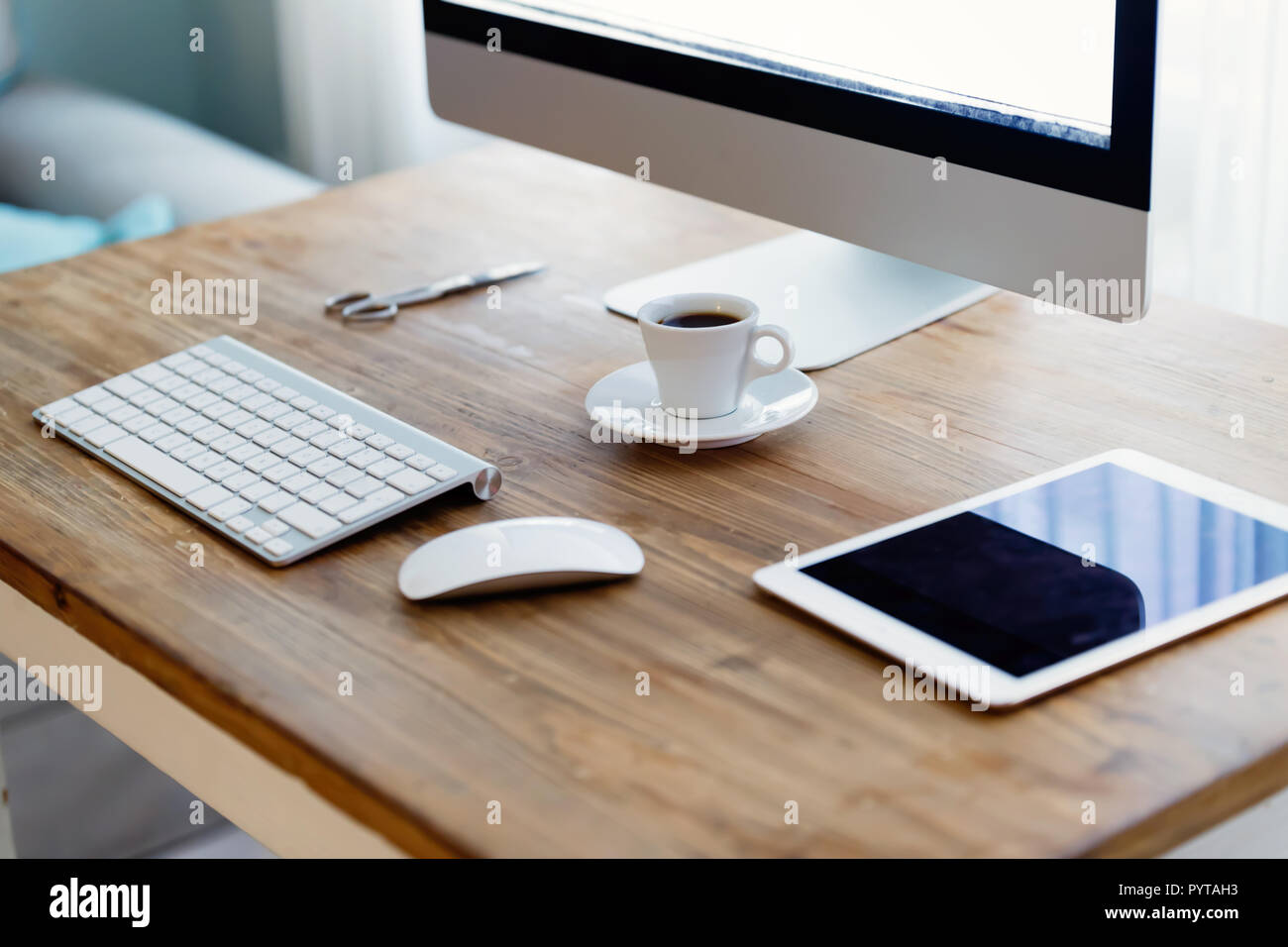 Picture of office desk with tablet computer and other accessories Stock ...