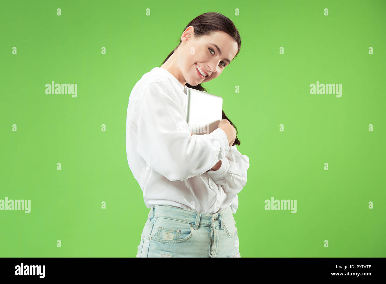 Businesswoman hugging laptop. Love to computer concept. Attractive ...