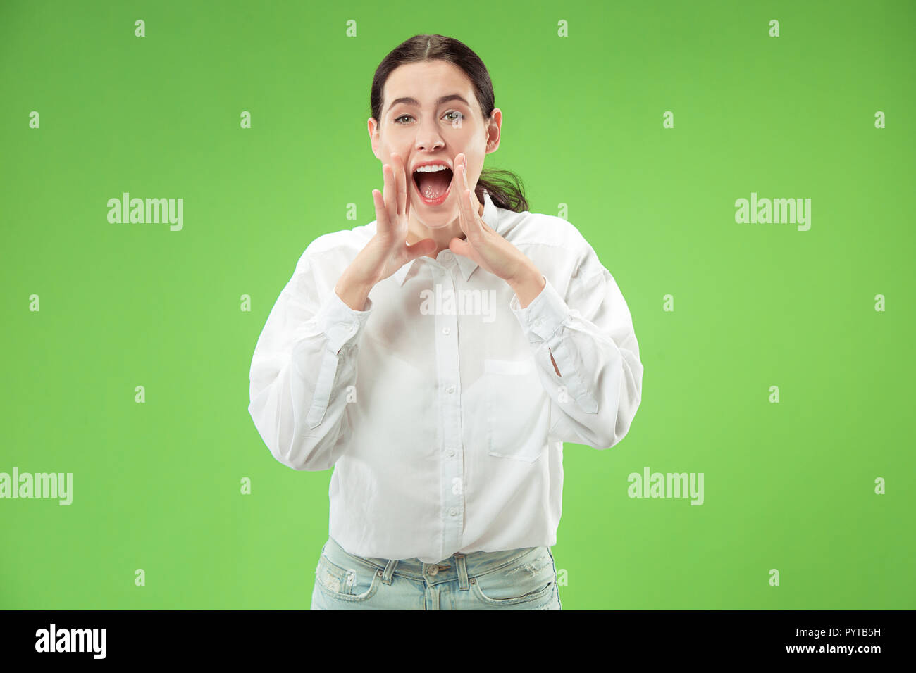 Do not miss. Young casual woman shouting. Shout. Crying emotional woman ...