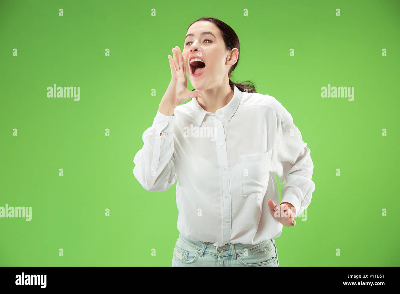 Do not miss. Young casual woman shouting. Shout. Crying emotional woman ...
