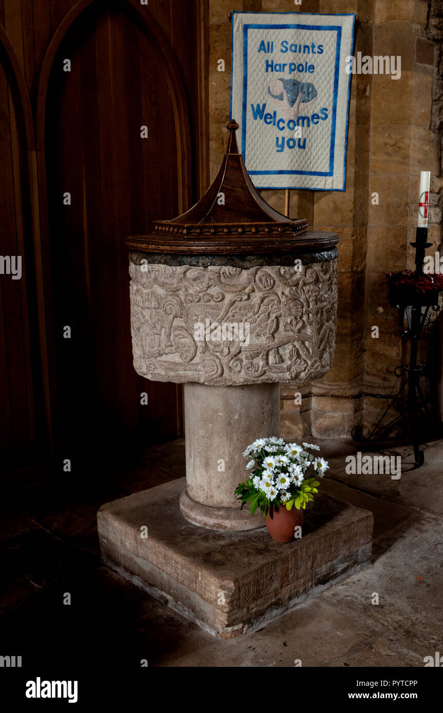 The Norman font, All Saints Church, Harpole, Northamptonshire, England ...