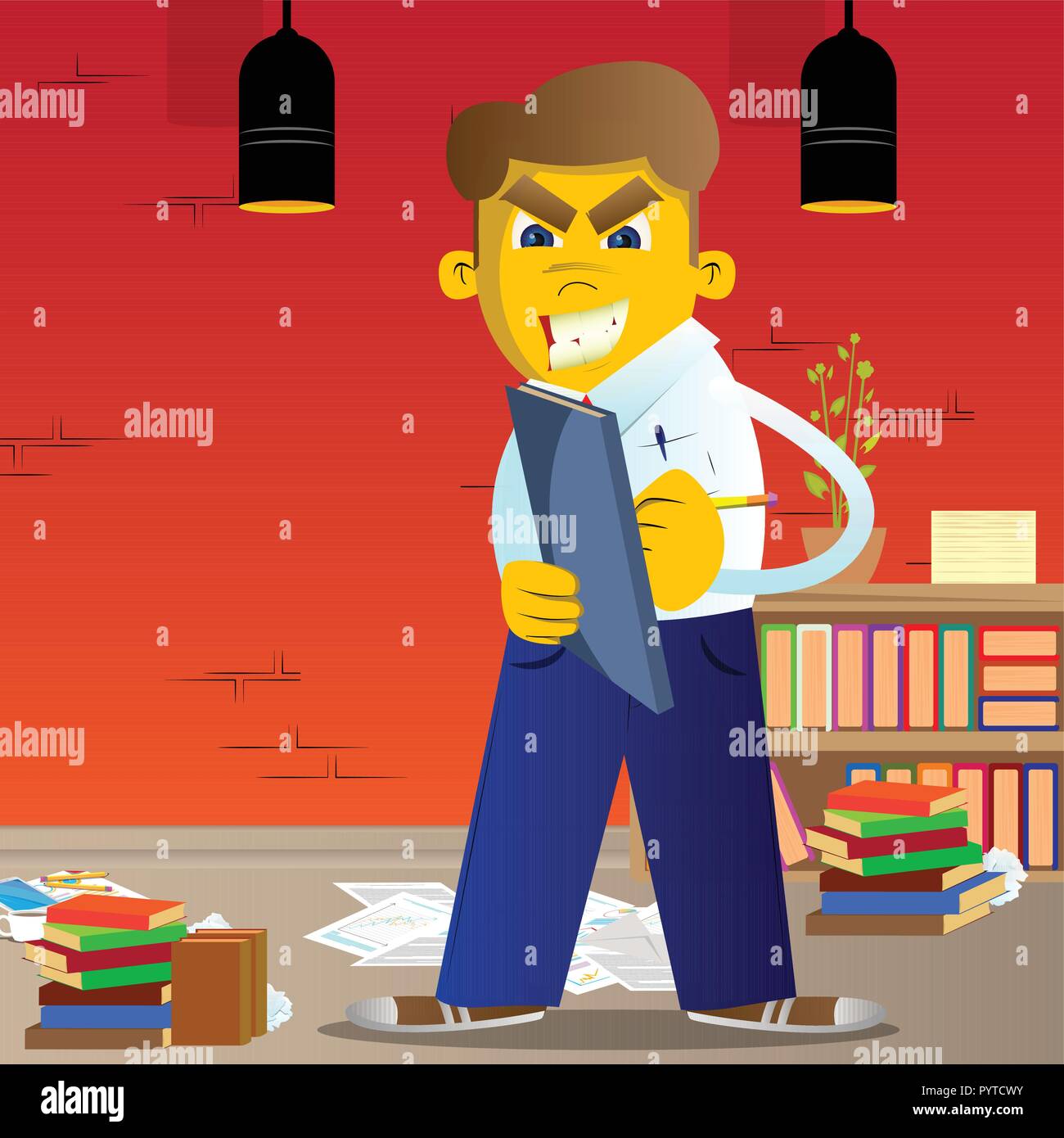 Yellow man writing on a books cover. Vector cartoon illustration Stock ...