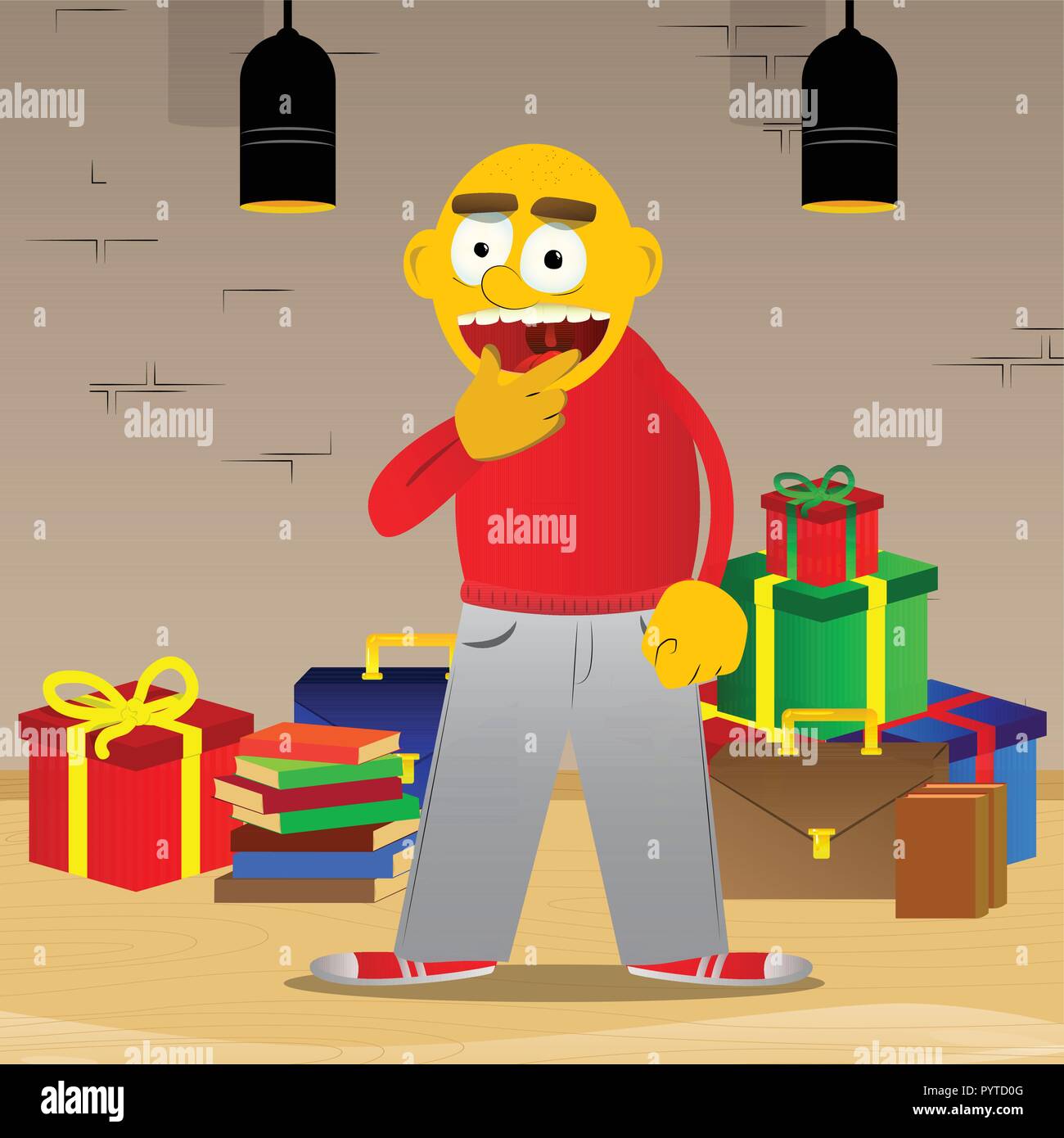 Yellow man thinking or pointing to his left side. Vector cartoon ...