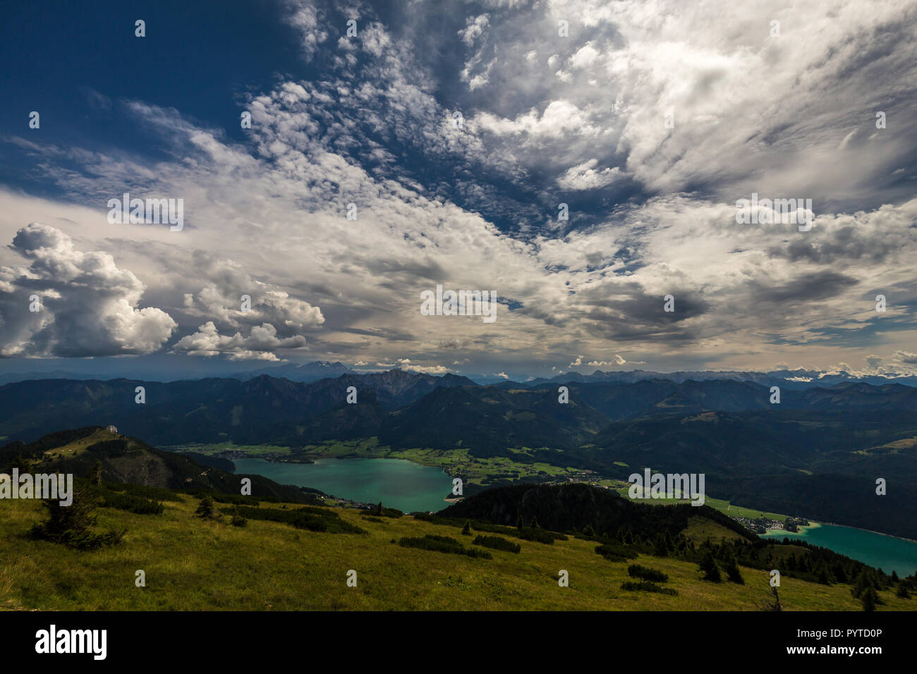 Mountain landscape on the top of the hiking trail to the Schafberg and ...