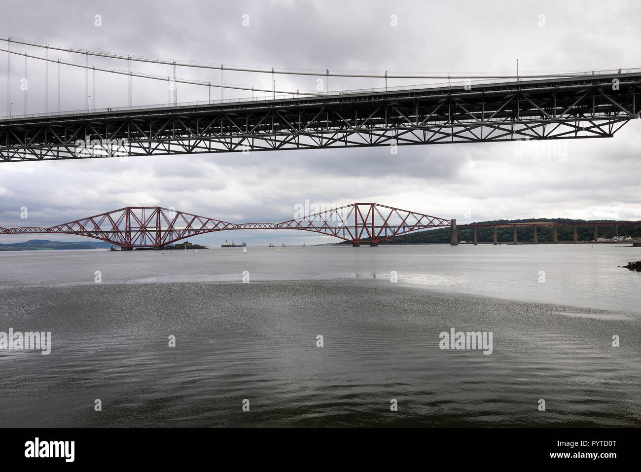 The Old Forth Road Bridge and the Forth Rail Bridge over the Firth of ...