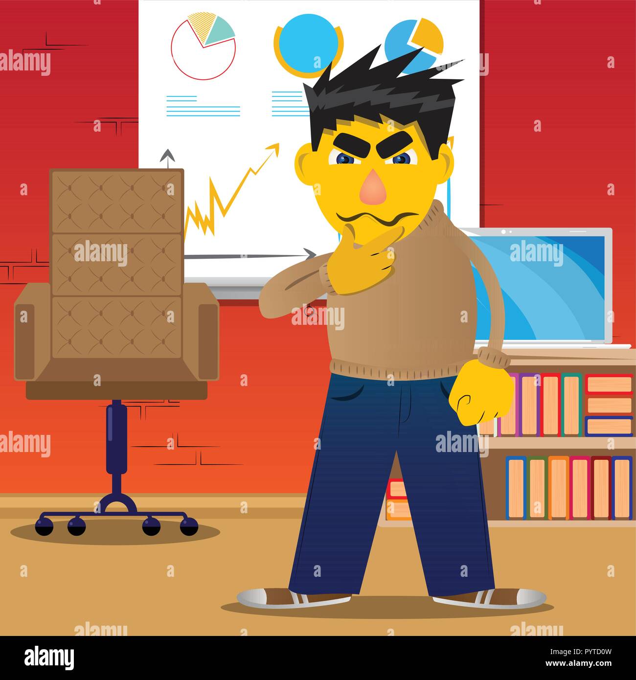 Yellow man thinking or pointing to his left side. Vector cartoon ...