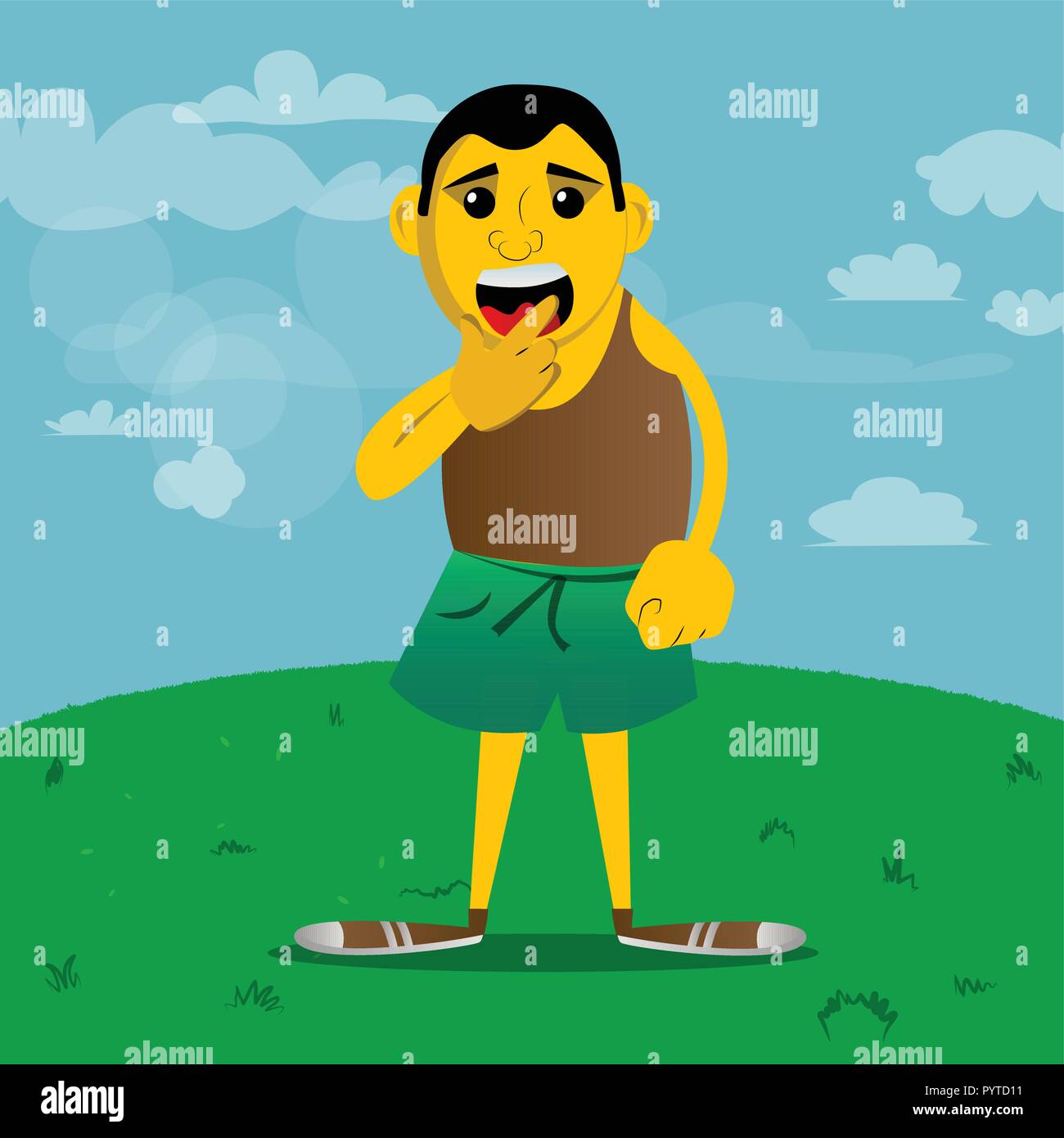 Yellow man thinking or pointing to his left side. Vector cartoon ...