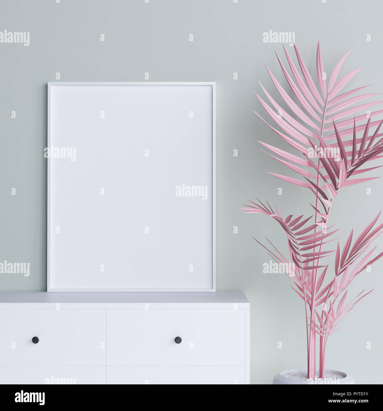 Mock up poster frame with pastel pink plant in interior background, 3d ...