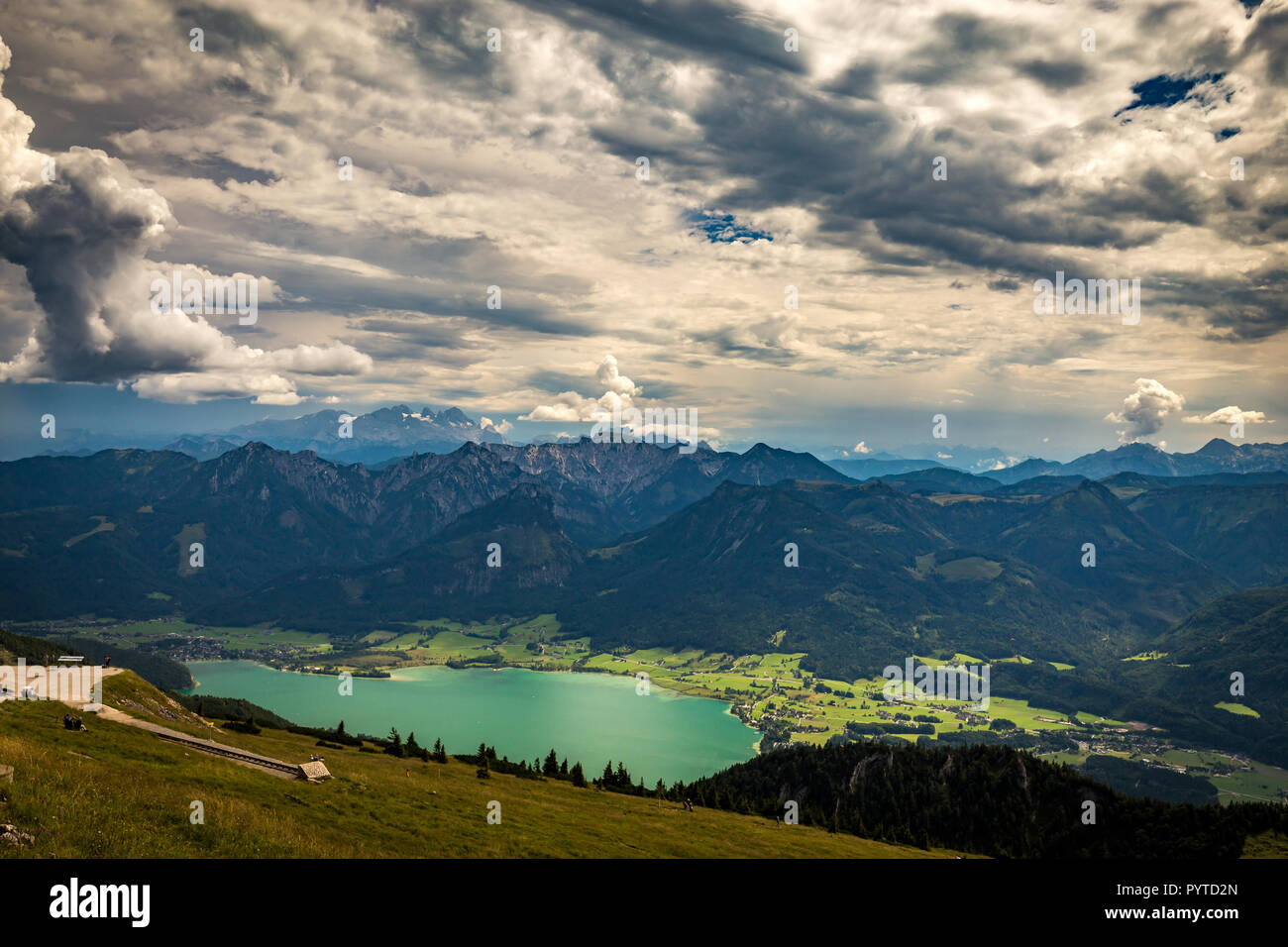 Panoramic view of mountains from Schafberg peak in Salzkammergut ...