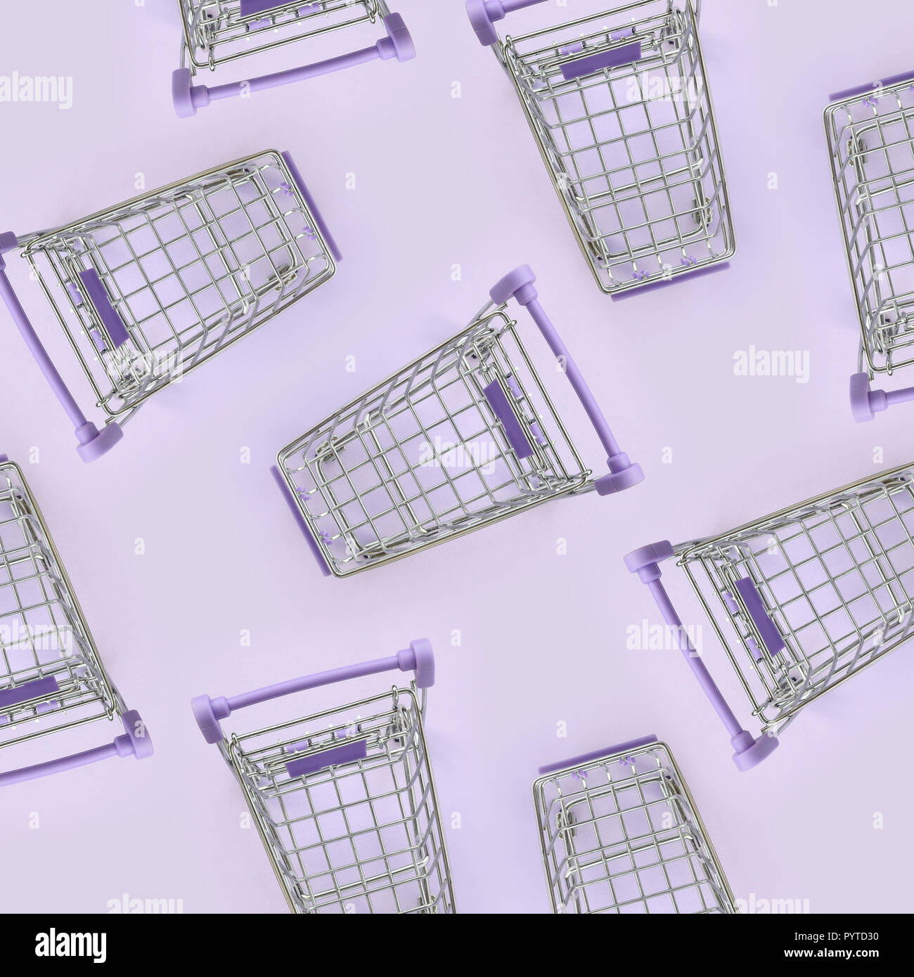 Pattern of many small shopping carts on a violet background. Minimalism ...