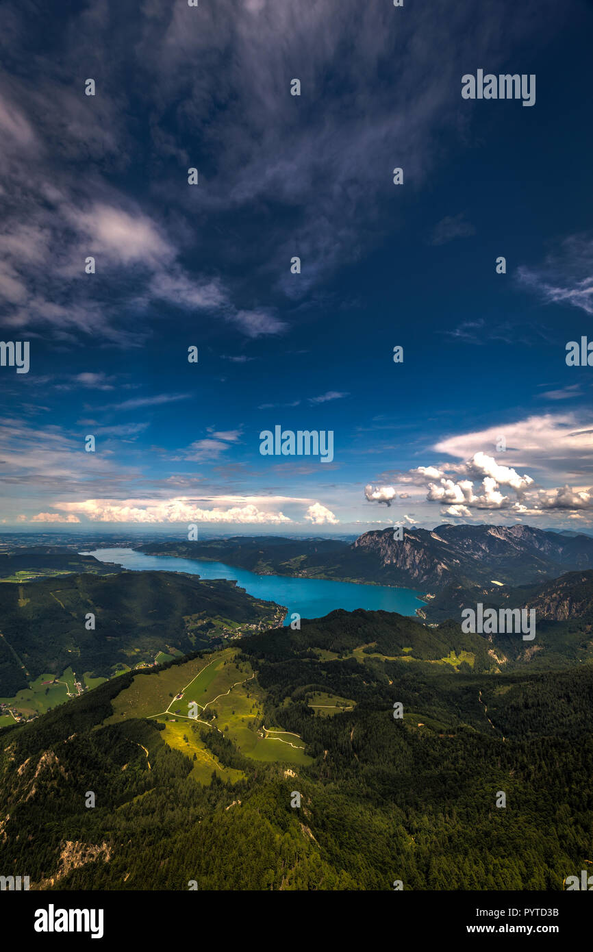Panoramic view of mountains from Schafberg peak in Salzkammergut ...