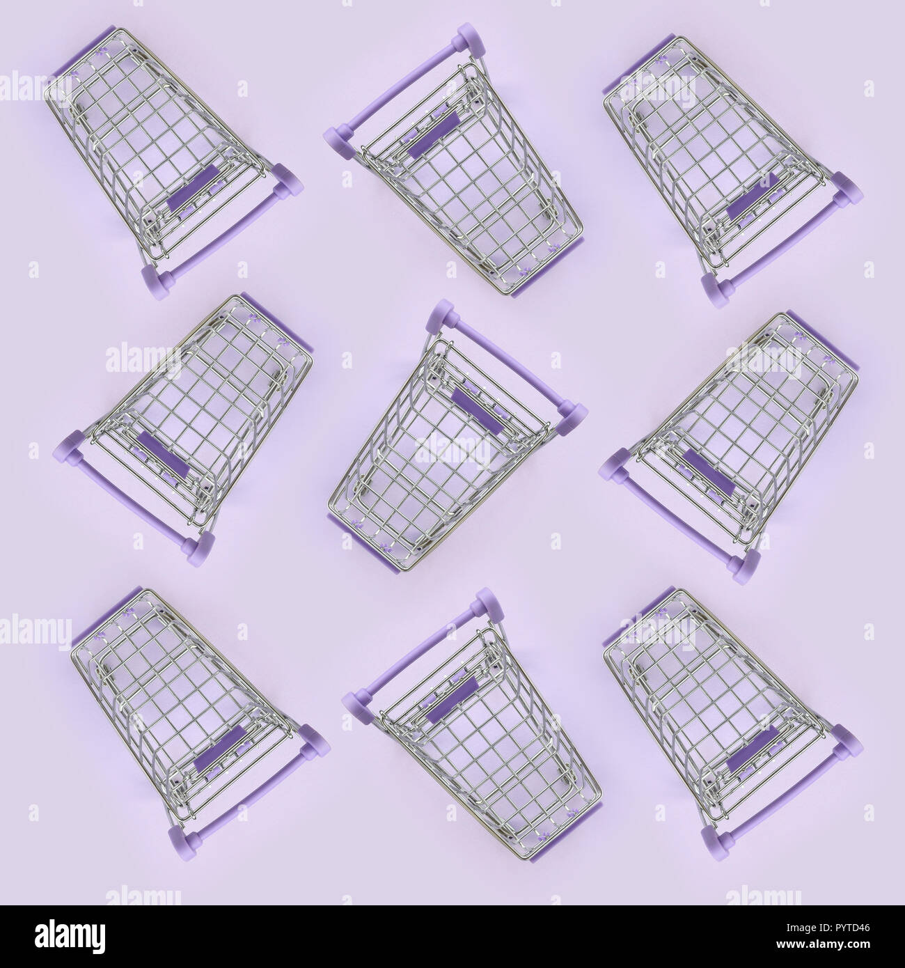 Pattern of many small shopping carts on a violet background. Minimalism ...