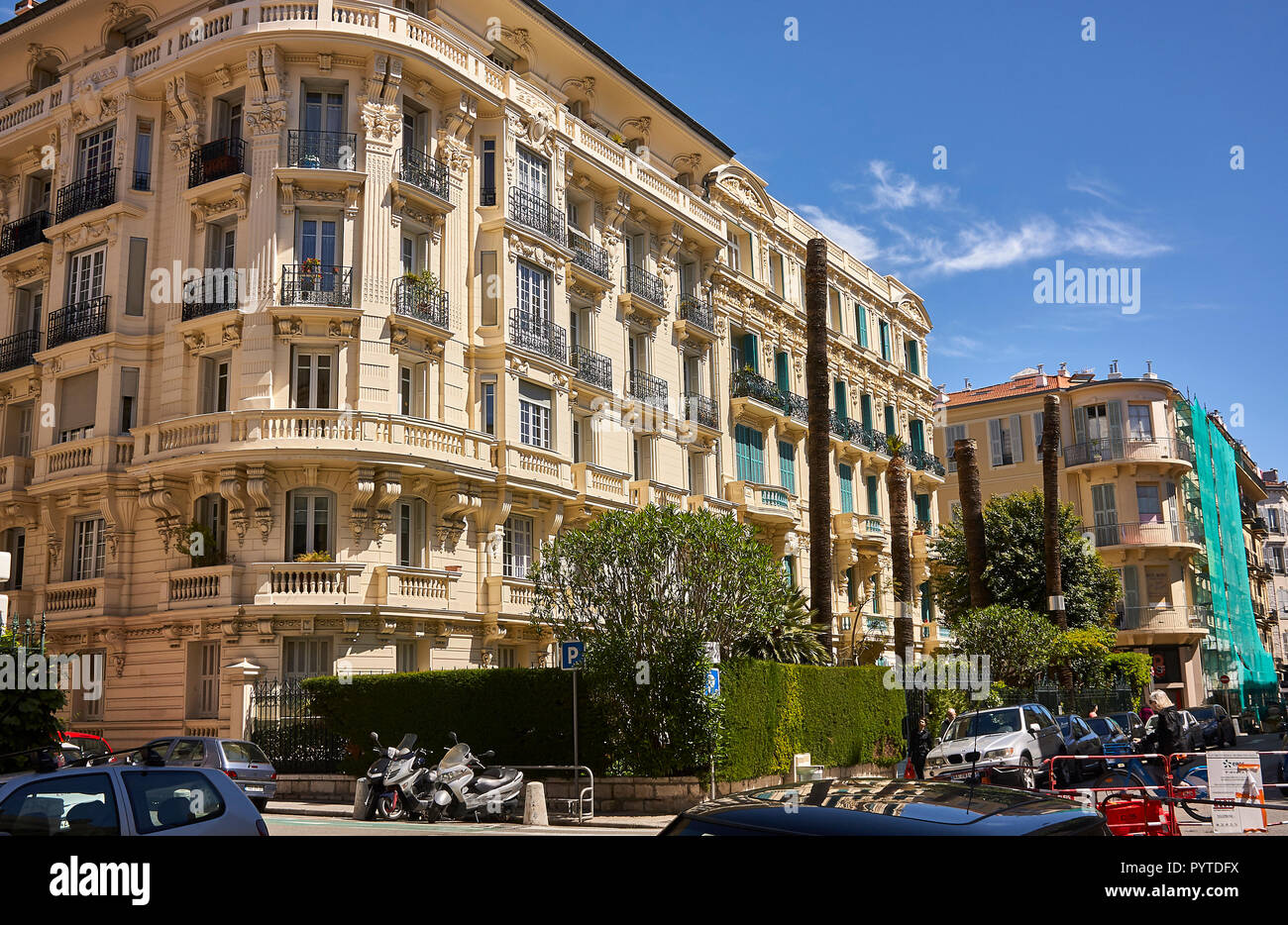 Baroque corner building in a central street of nice with very bright ...