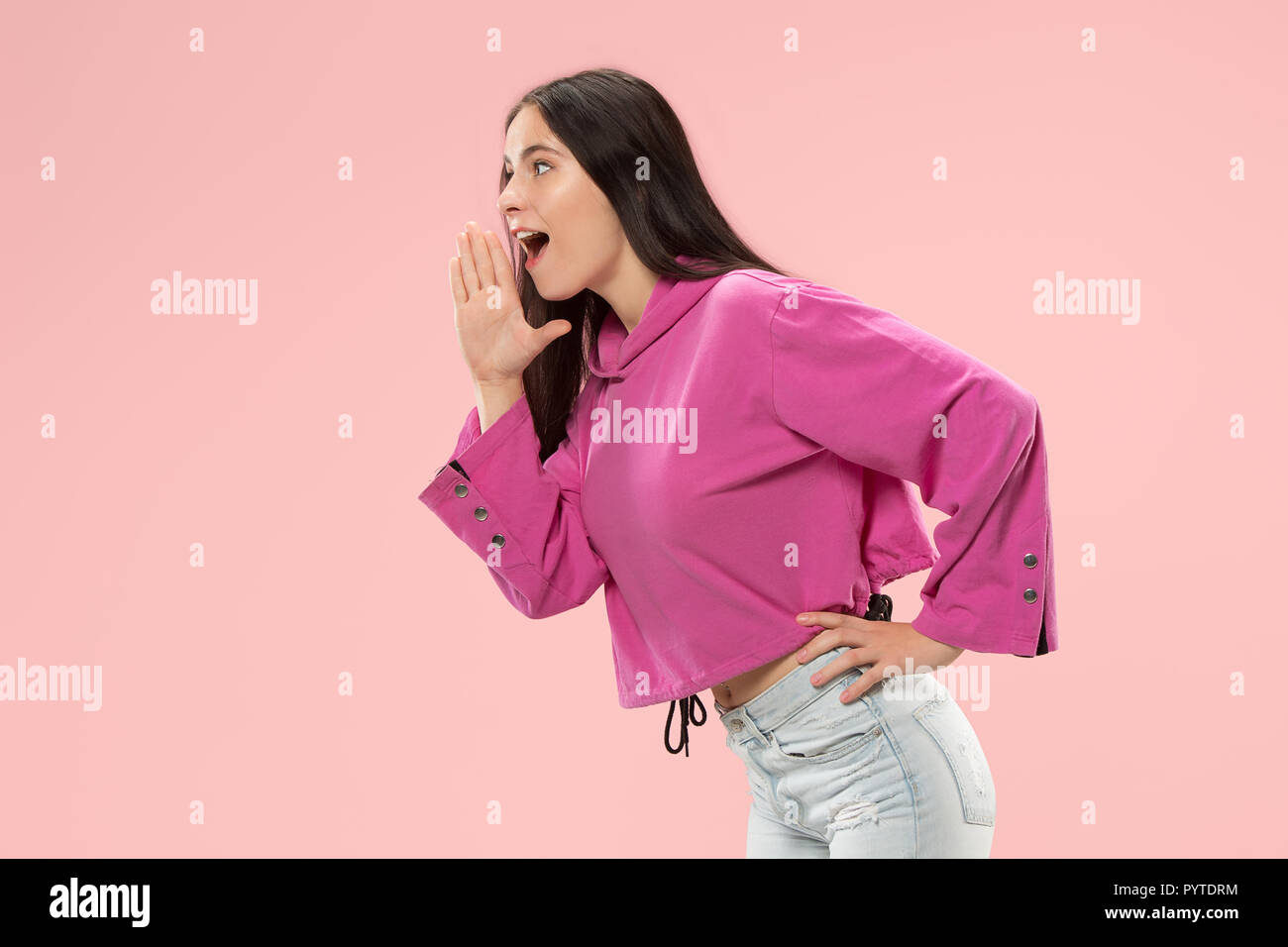 Do not miss. Young casual woman shouting. Shout. Crying emotional woman ...