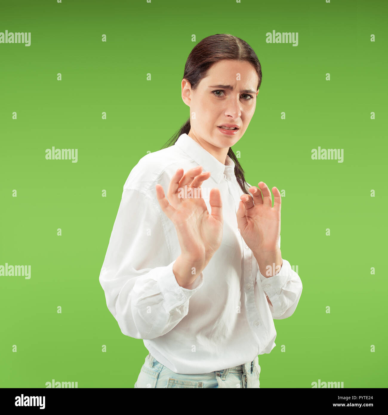 Reject, rejection, doubt concept. Doubtful woman with thoughtful ...