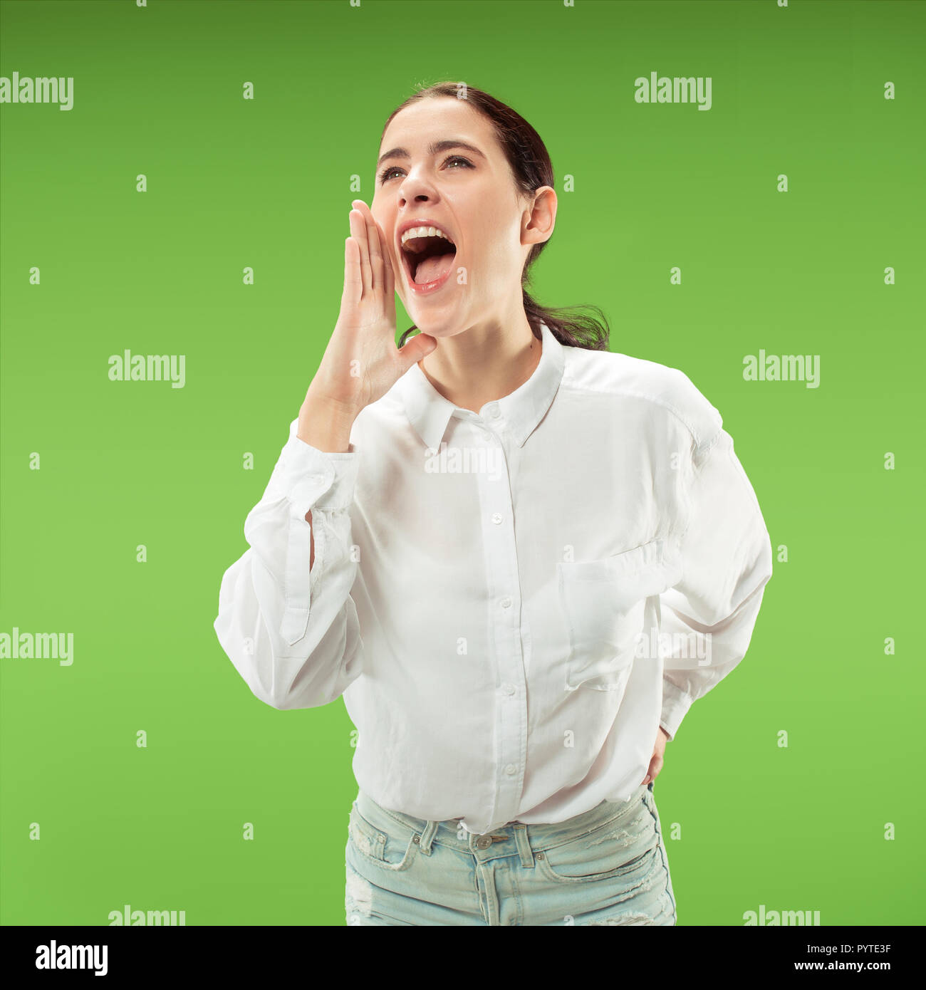 Do not miss. Young casual woman shouting. Shout. Crying emotional woman ...