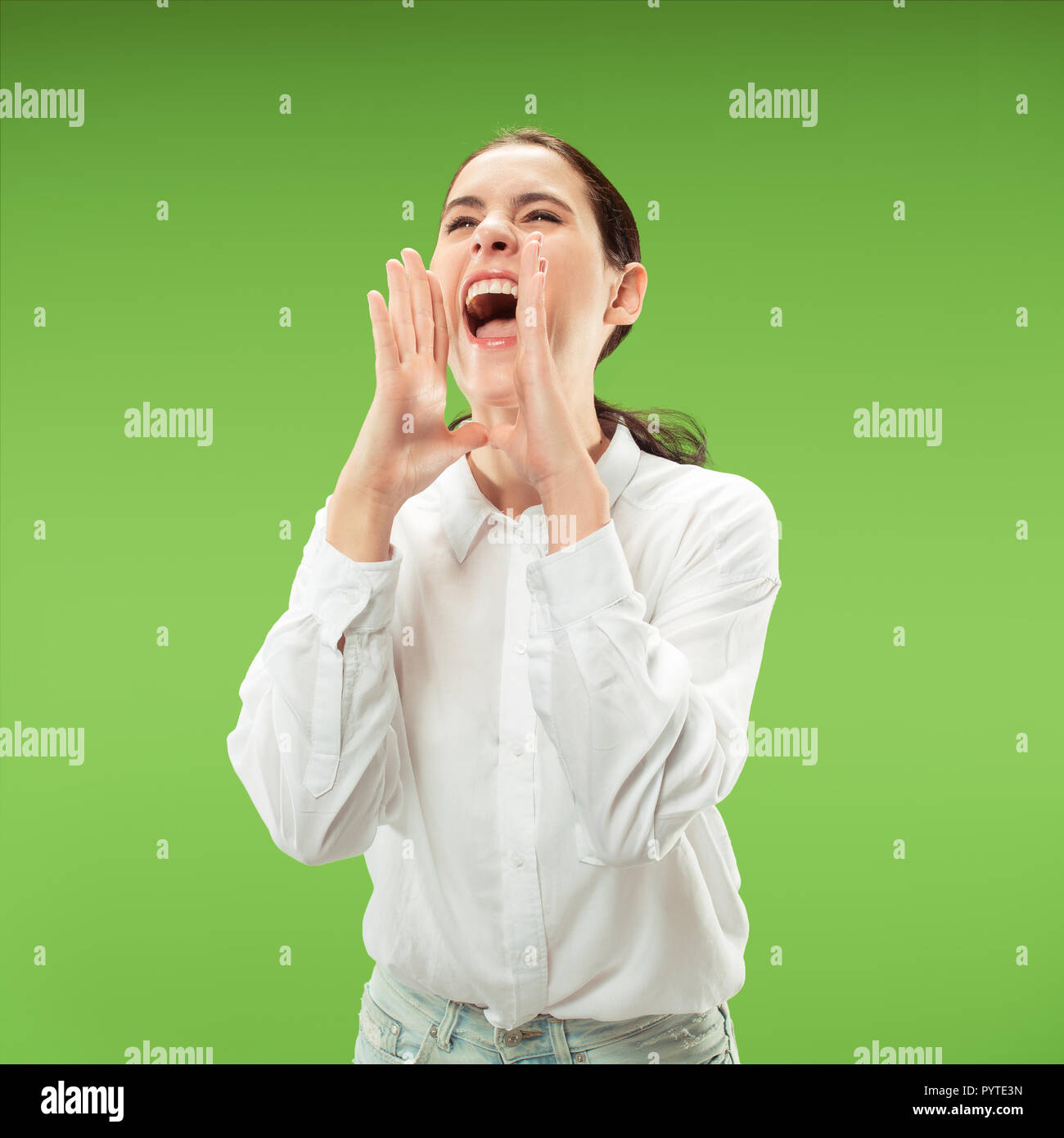 Do not miss. Young casual woman shouting. Shout. Crying emotional woman ...