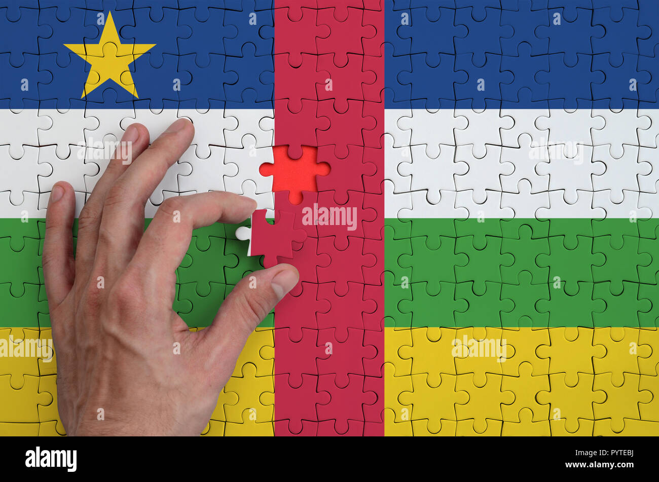 Central African Republic flag is depicted on a puzzle, which the man's ...