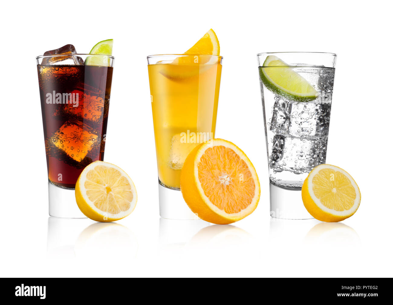 Glasses of cola and orange soda drink and lemonade sparkling water on ...