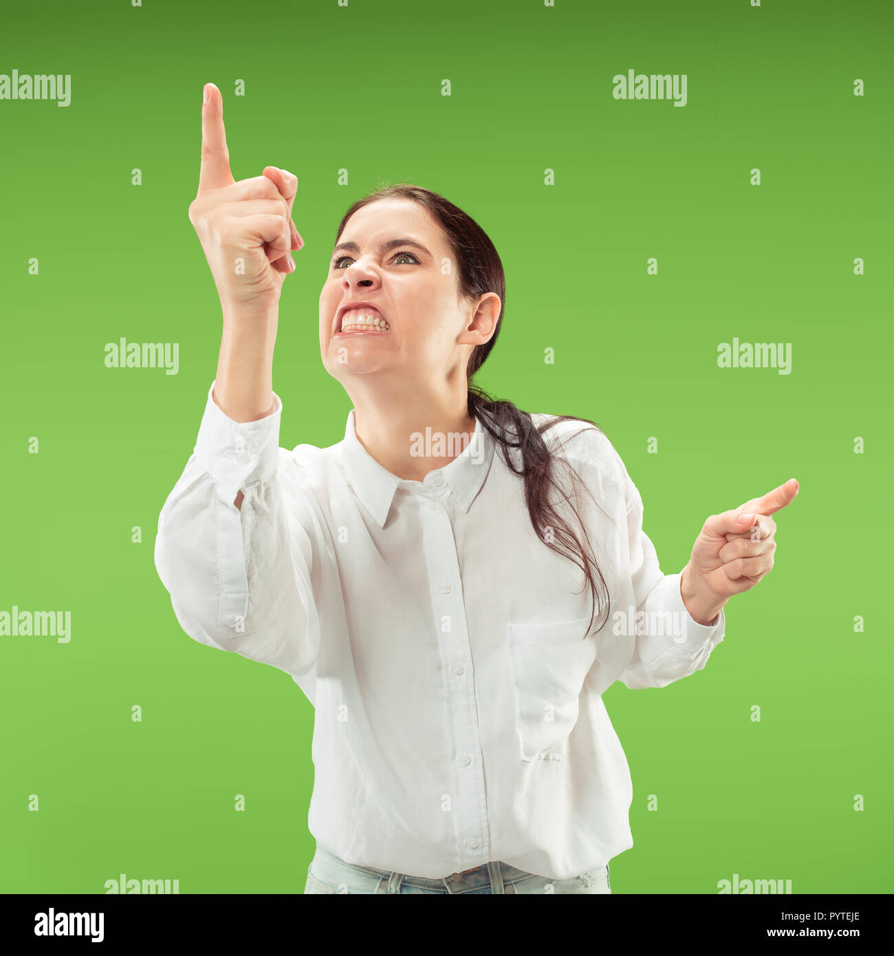 Argue, arguing concept. Beautiful female half-length portrait isolated ...