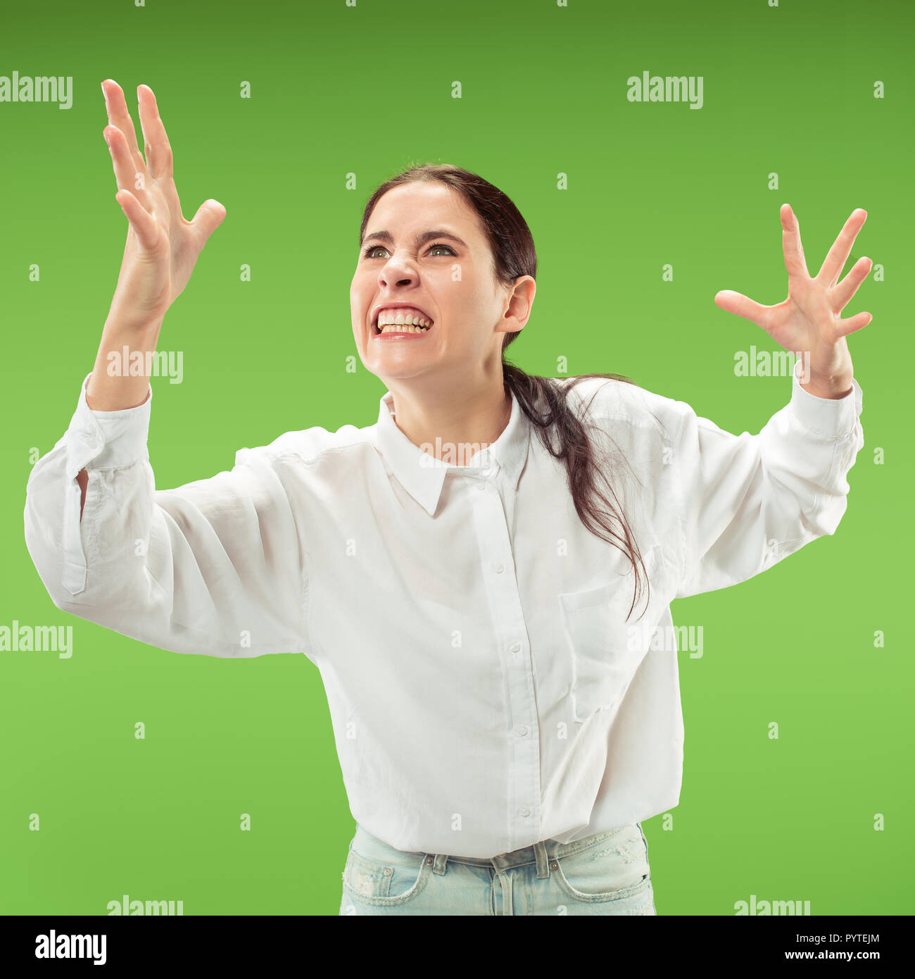 Argue, arguing concept. Beautiful female half-length portrait isolated ...