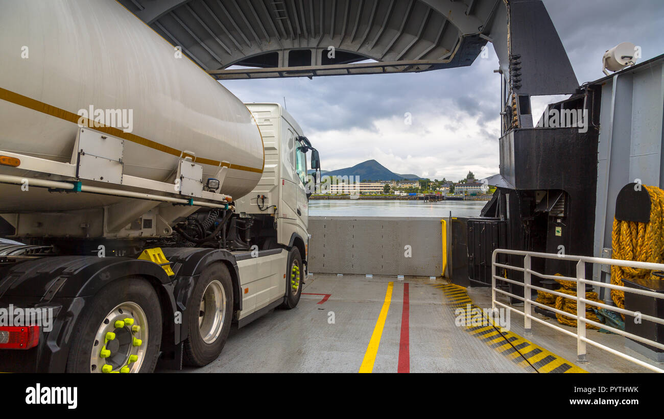 Passenger view of car deck of a ferry on Norwegian fjord while boat is ...