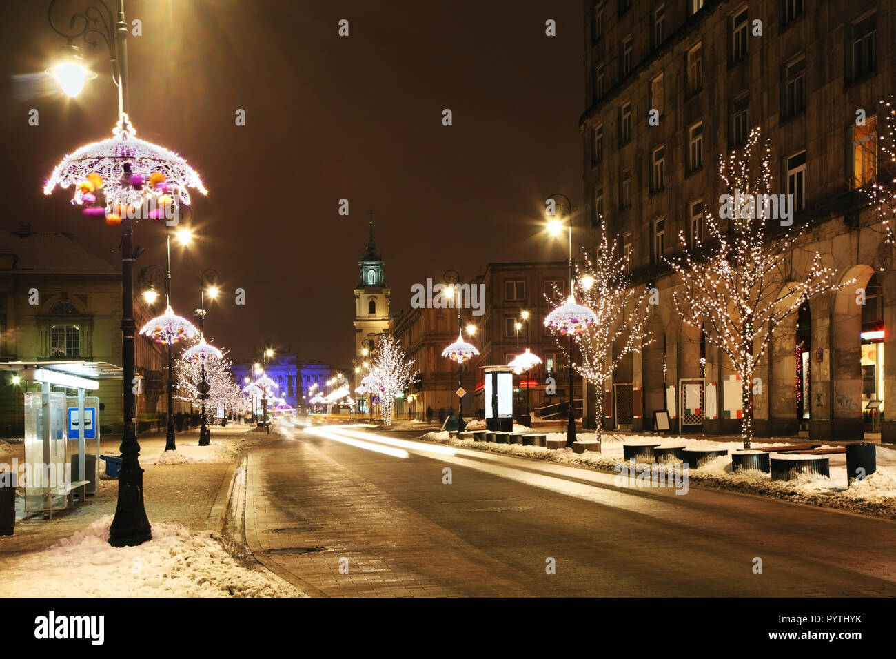 Holiday decorations of Warsaw. New World street - Nowy Swiat street ...