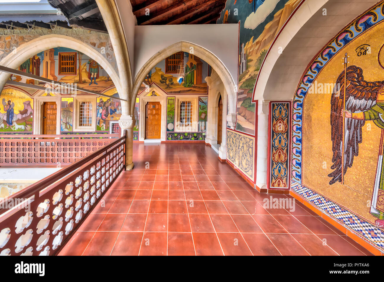 CYPRUS, PAPHOS- MAY 2 2016: Arcade in the famous Kykkos monastery with ...